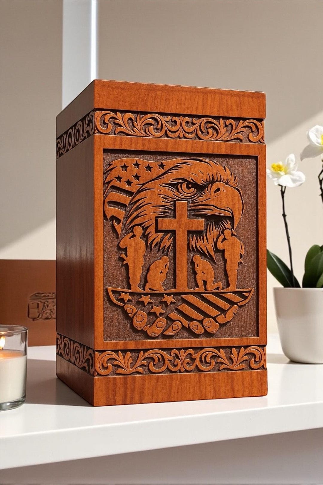 Handcrafted Wooden Cremation Urn: Eagle, Cross, American Flag ...