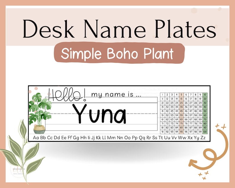 Desk Name Plates Editable & Printable Templates - Simple Boho Plant PDF ...