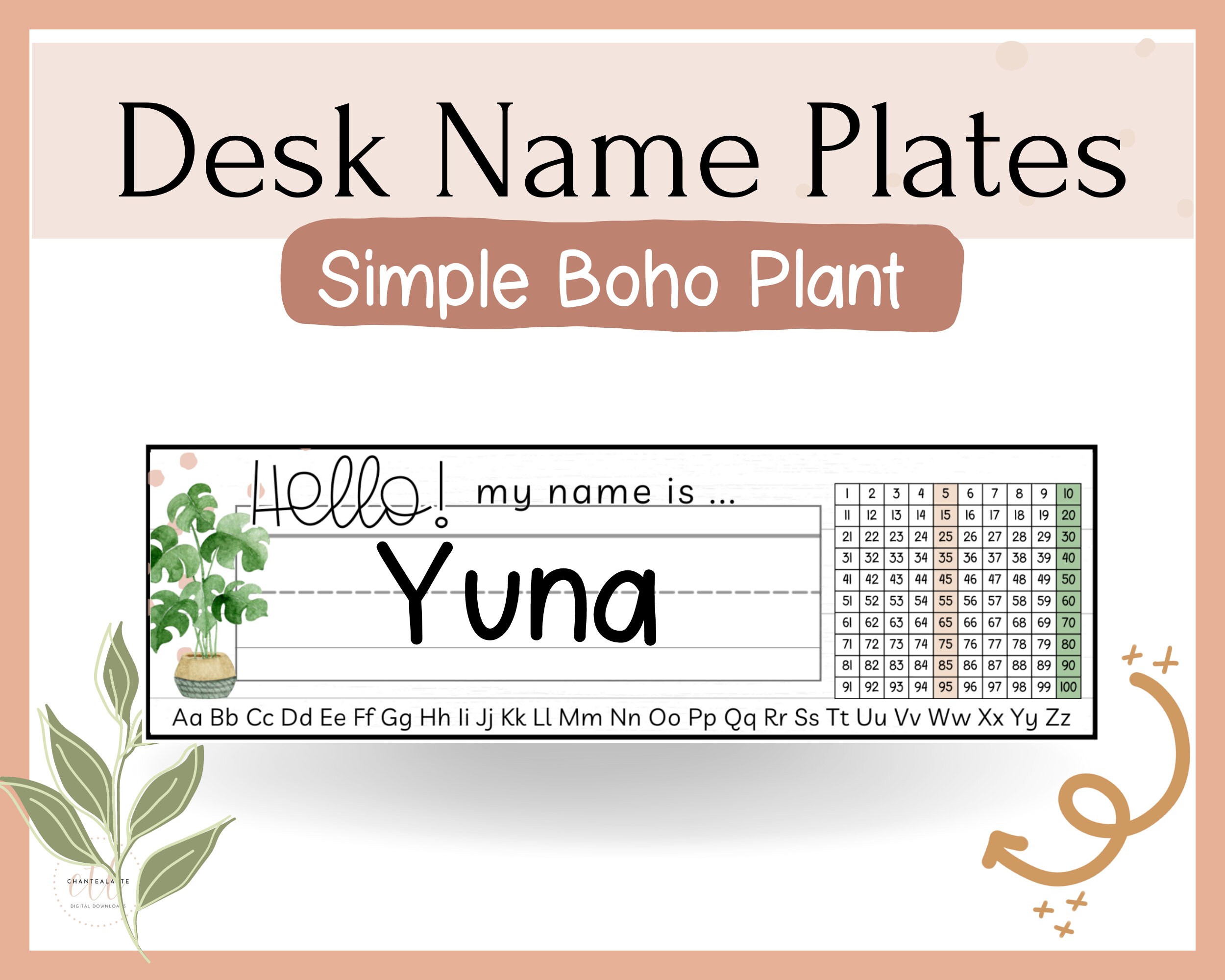 Desk Name Plates Editable & Printable Templates - Simple Boho Plant PDF ...
