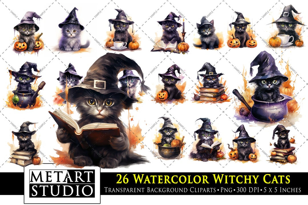 Watercolor Witchy Cat Clipart, Witch Cat, Halloween Clipart, Witch Cat ...