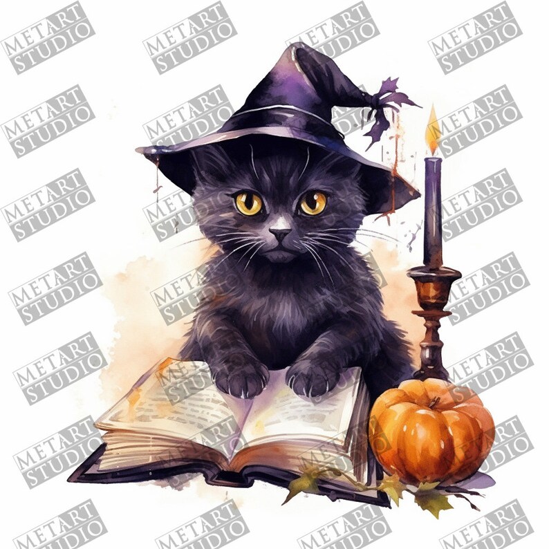Watercolor Witchy Cat Clipart, Witch Cat, Halloween Clipart, Witch Cat ...