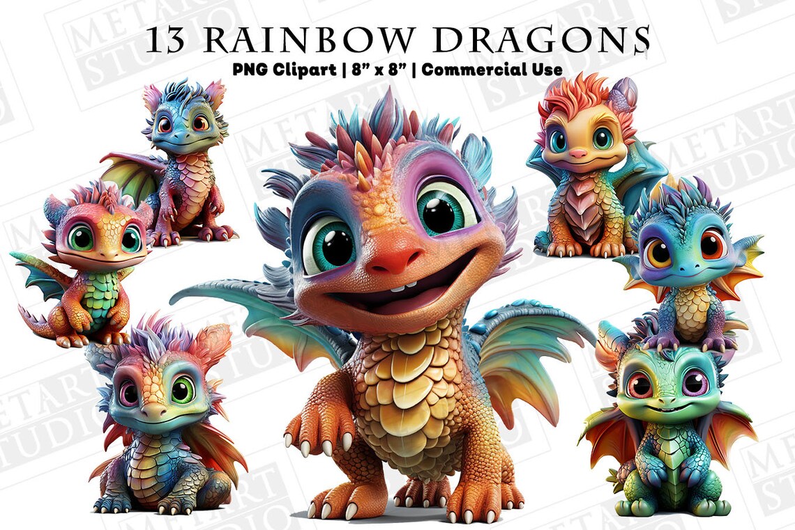Rainbow Dragon Animation Clipart Cute Dragon Clipart PNG - Etsy