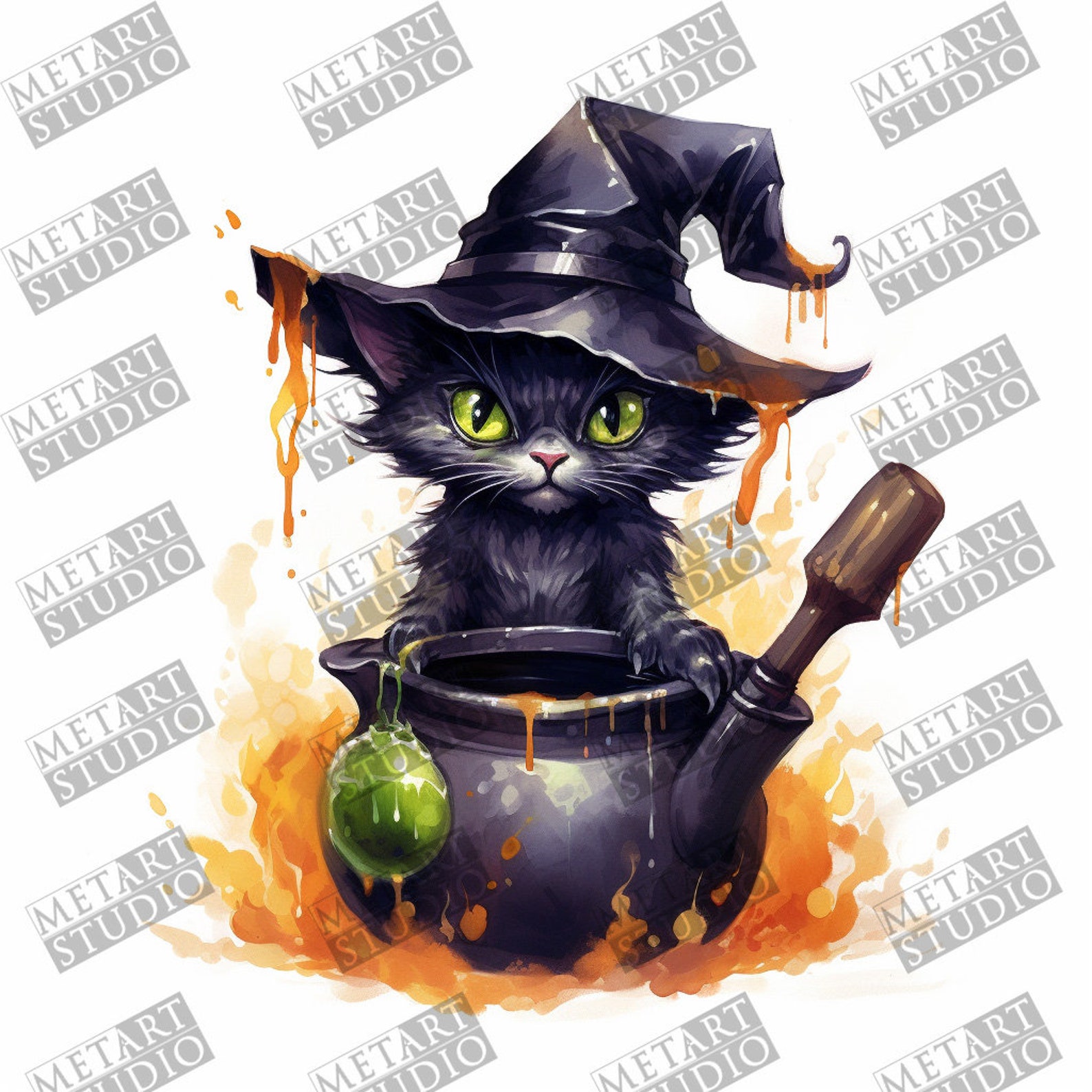Watercolor Witchy Cat Clipart, Witch Cat, Halloween Clipart, Witch Cat ...