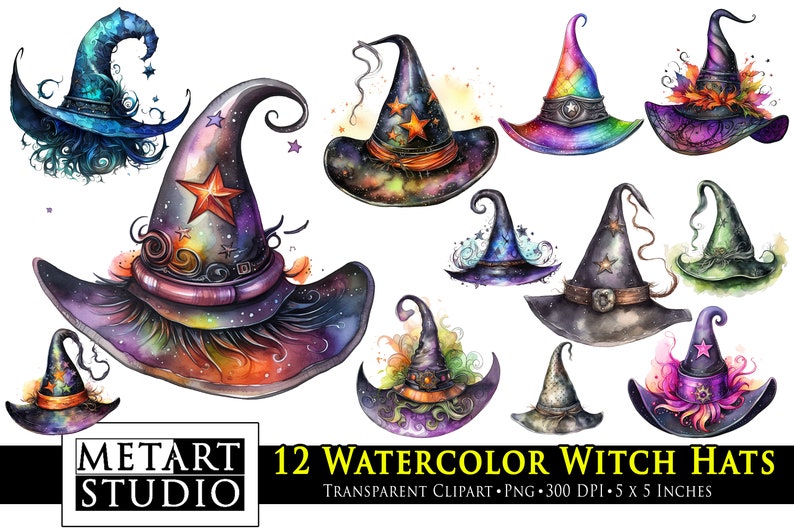 Watercolor Witch Hat Clipart, Witchy Hats, Halloween Clipart, Witch Hat ...