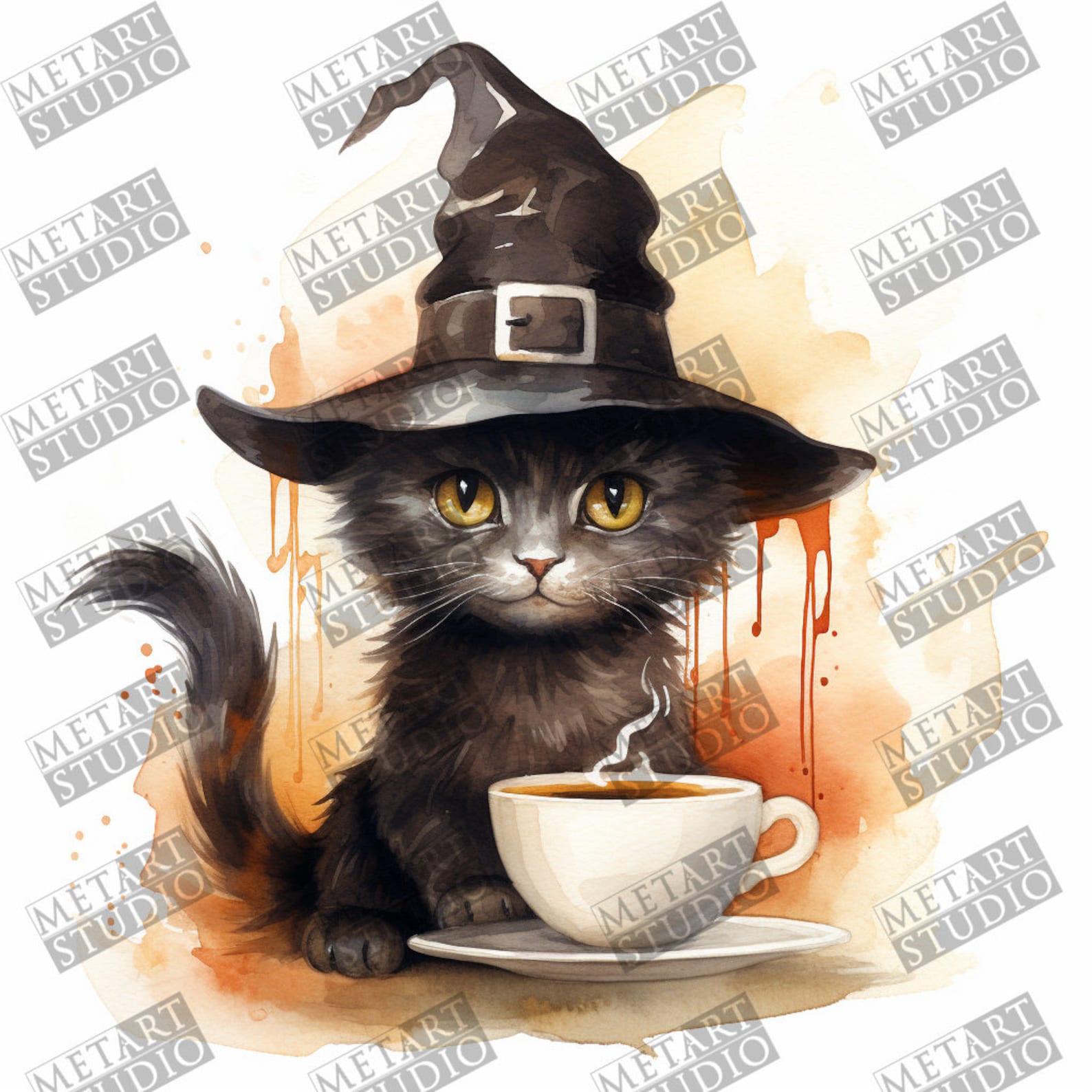 Watercolor Witchy Cat Clipart, Witch Cat, Halloween Clipart, Witch Cat ...