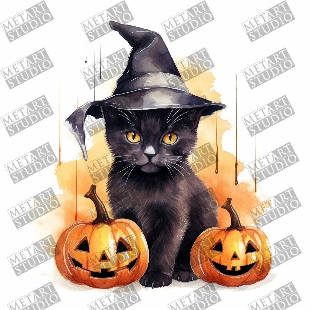 Watercolor Witchy Cat Clipart, Witch Cat, Halloween Clipart, Witch Cat ...