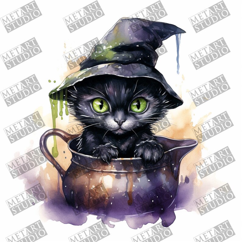 Watercolor Witchy Cat Clipart, Witch Cat, Halloween Clipart, Witch Cat ...