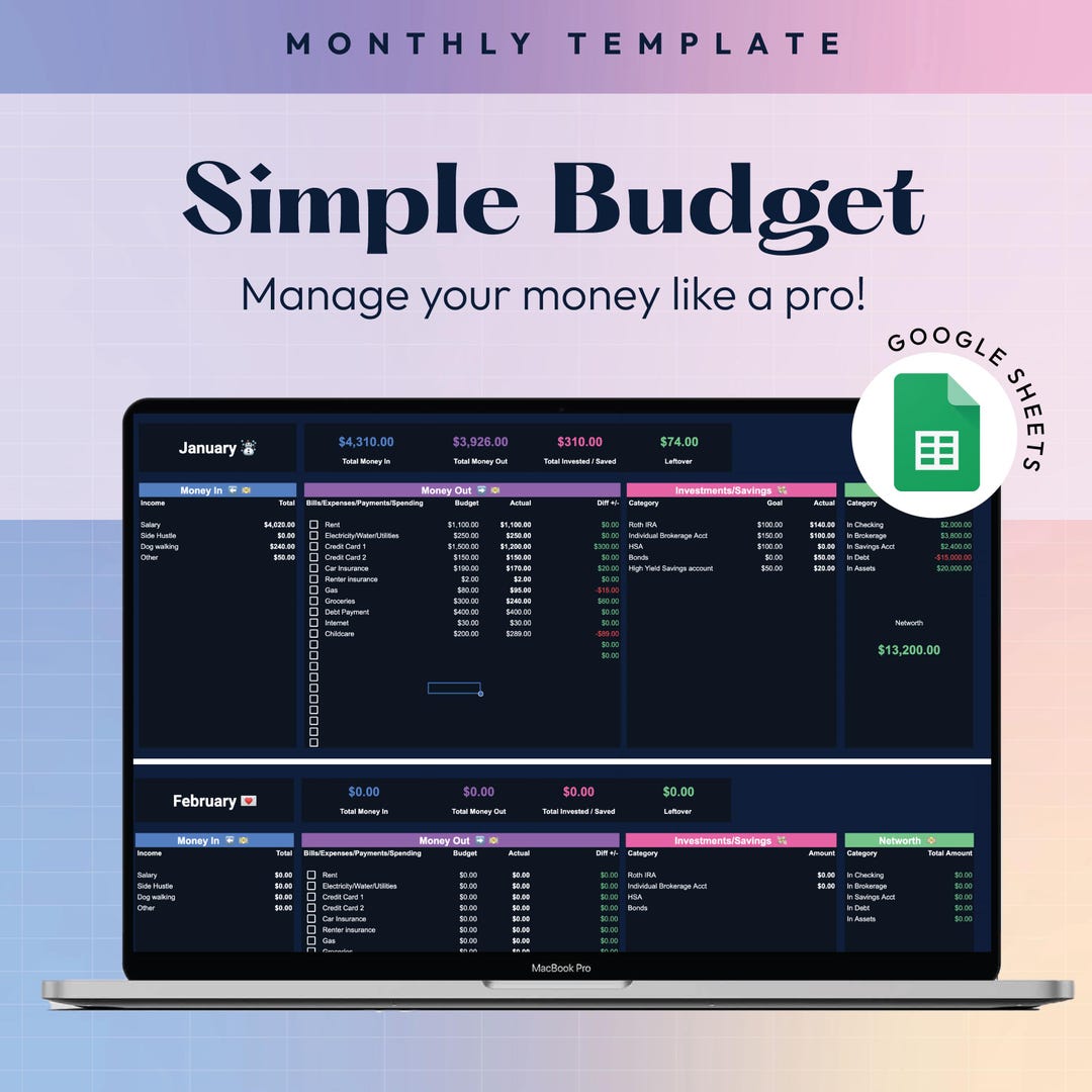 Simple Budget Template for Google Sheets | Easy-to-use Digital Money ...