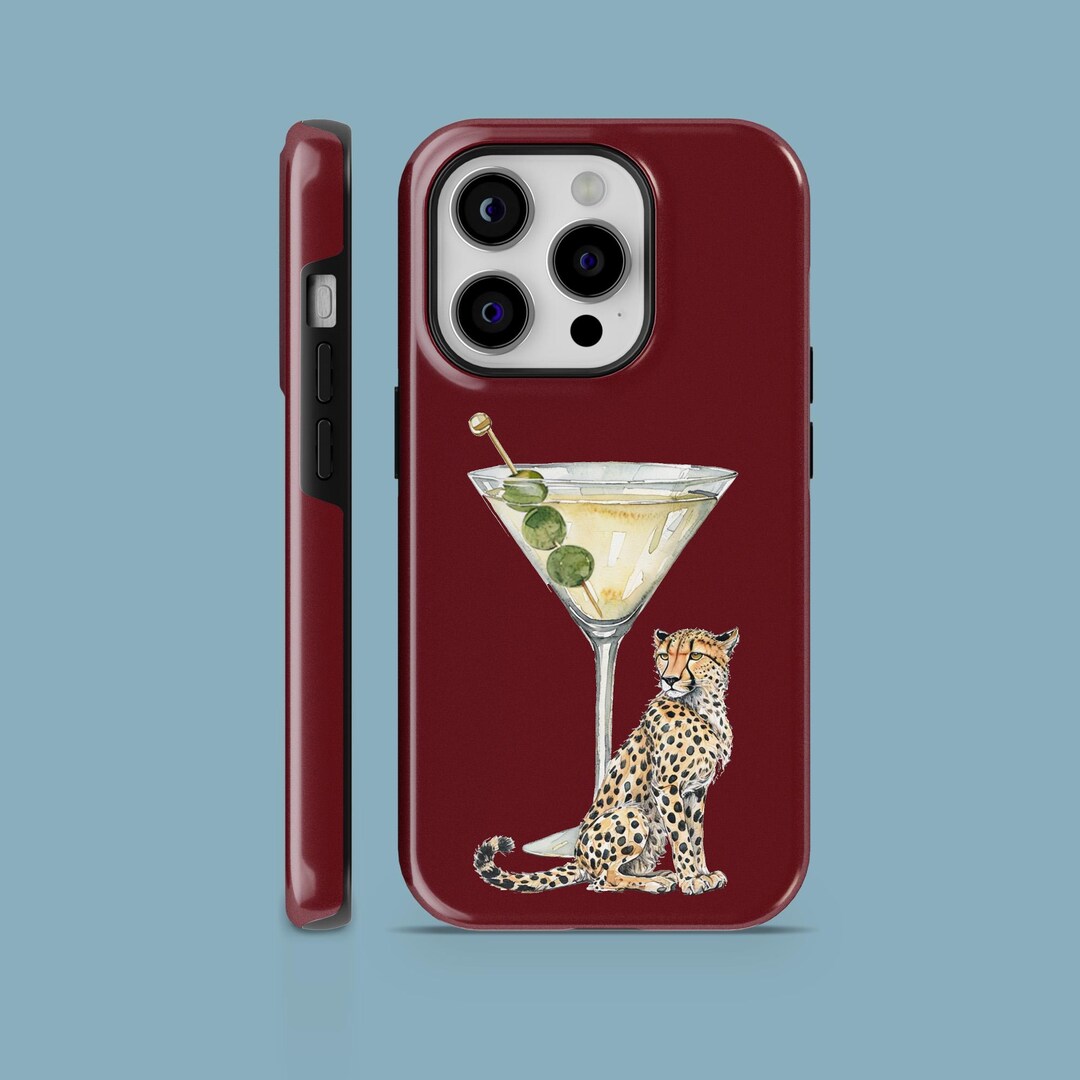 Cheetah Martini Phone Case Maroon Glam Cover for iPhone 17, 16, 15, 14 ...