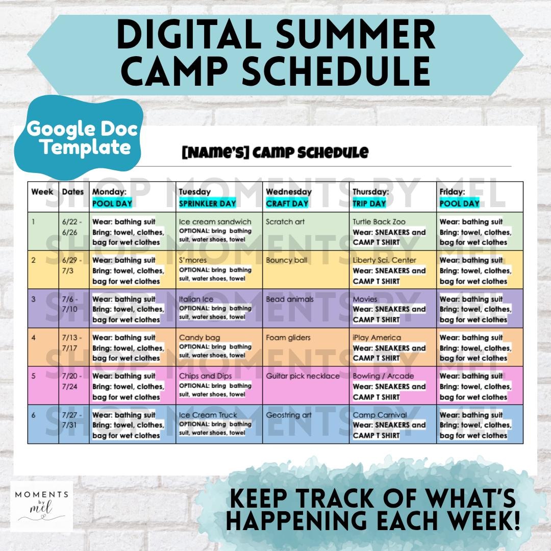 Summer Camp Schedule Planner Template Google Doc - Etsy