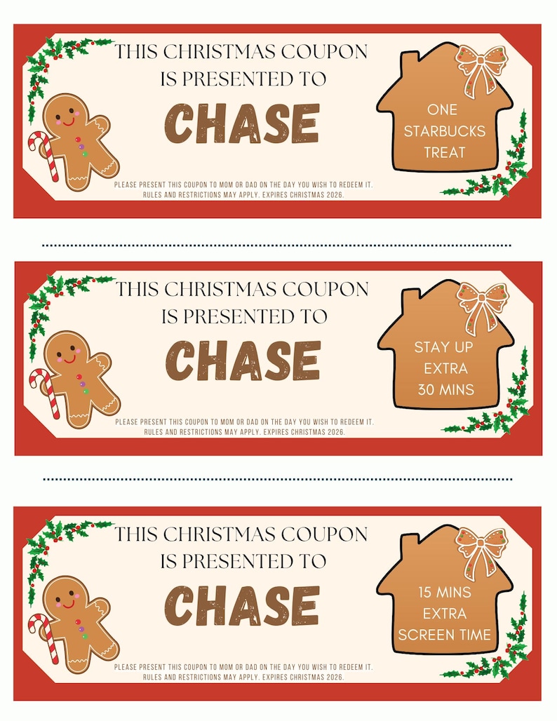 Gingerbread and Holly Themed Kids Christmas Coupons Stocking Stuffer ...