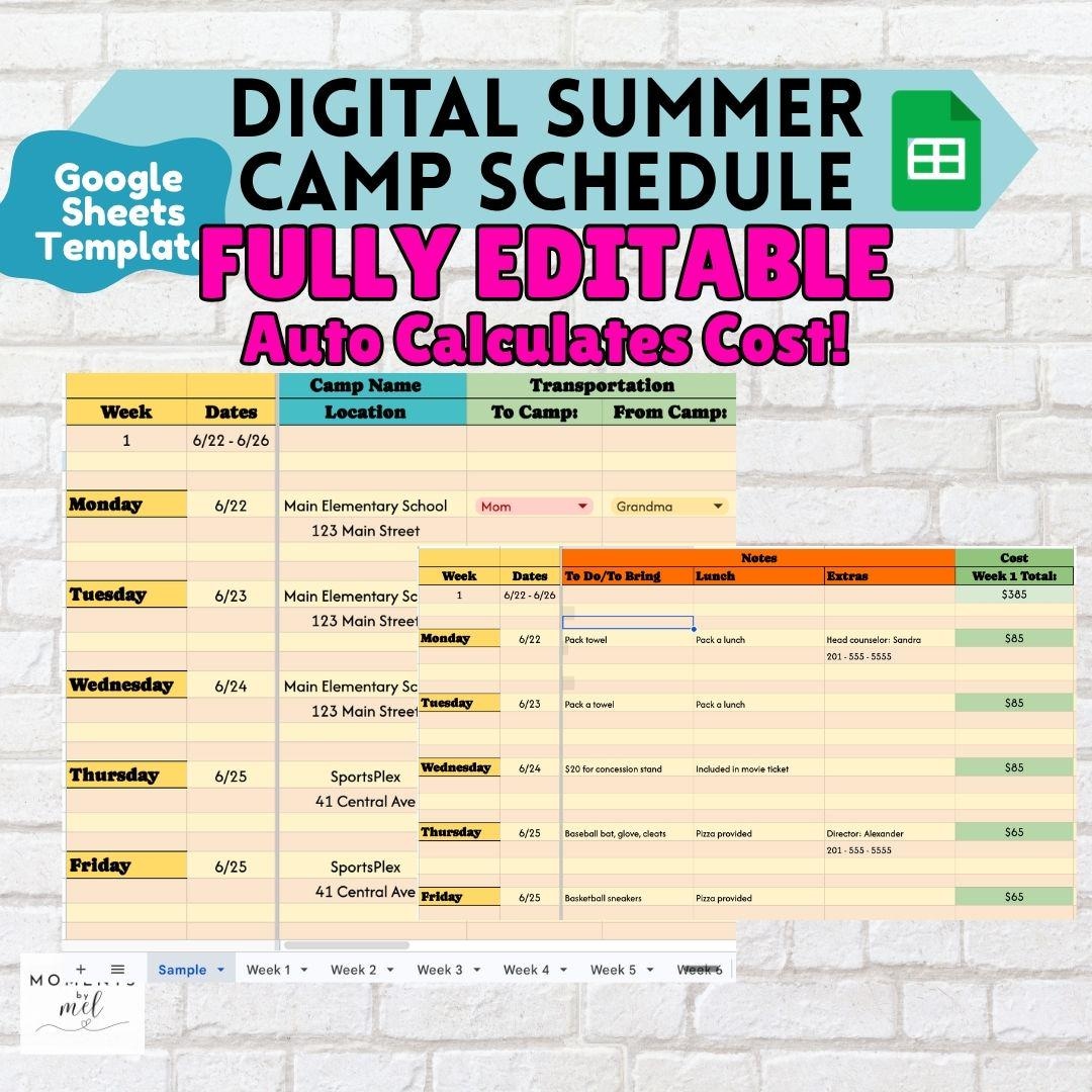 Summer Camp Schedule Planner Template Google Sheet - Etsy