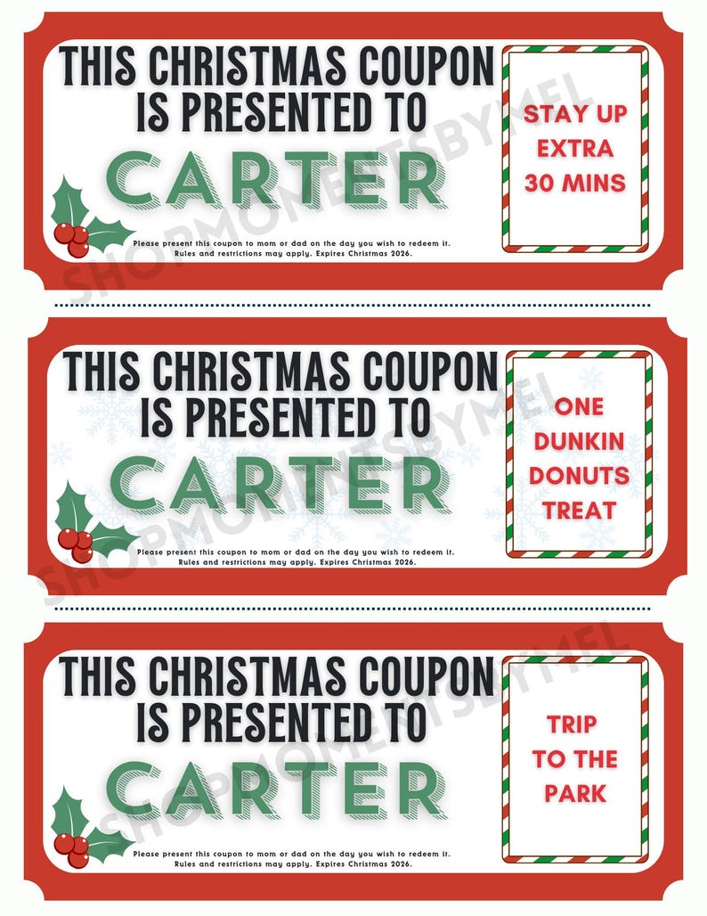 Gingerbread and Holly Themed Kids Christmas Coupons Stocking Stuffer ...