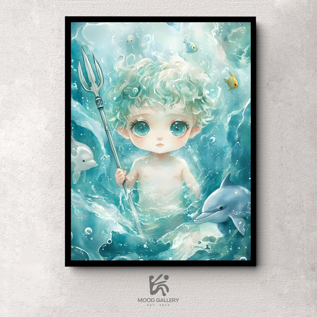 Baby Poseidon Greek God Digital Art Poster, Mythology Wall Decor ...