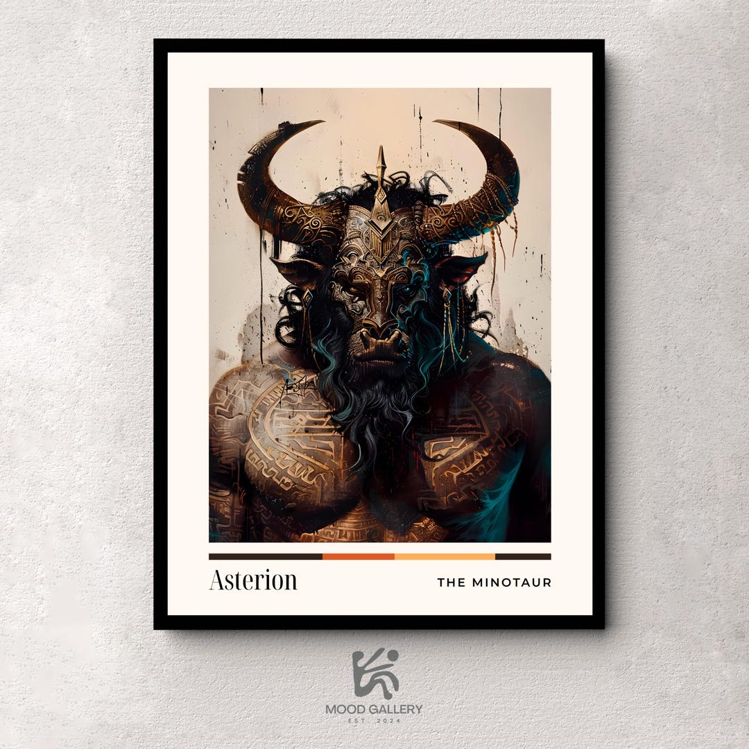 Asterion the Minotaur Art Poster, Mythical Beast Decor, Warrior Wall Art Print, Mythology Poster ...