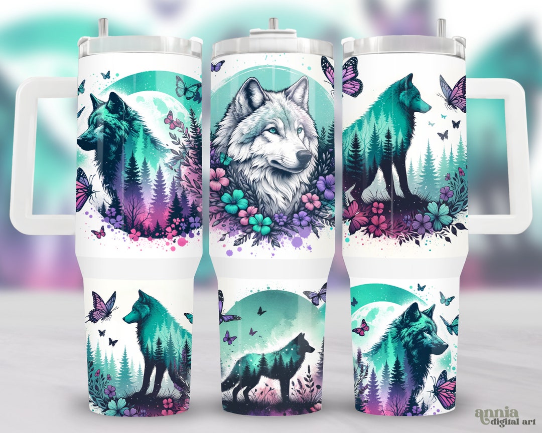 Floral Wolf 40oz Tumbler Wrap, Forest Wolves Butterflies 40 Oz Quencher ...