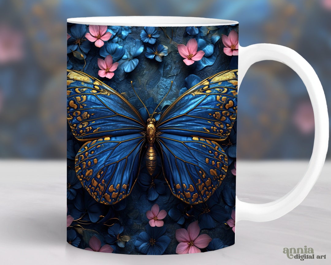 3D Blue Butterfly Mug Wrap, Spring Floral Mug Sublimation Design, Gold ...