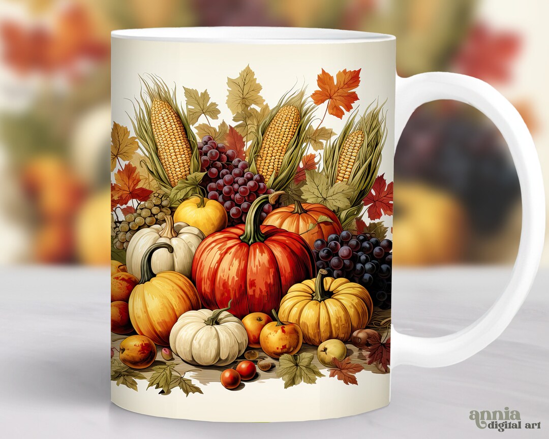 Watercolor Fall Mug Wrap, Autumn Harvest Mug Sublimation Design, Fall ...