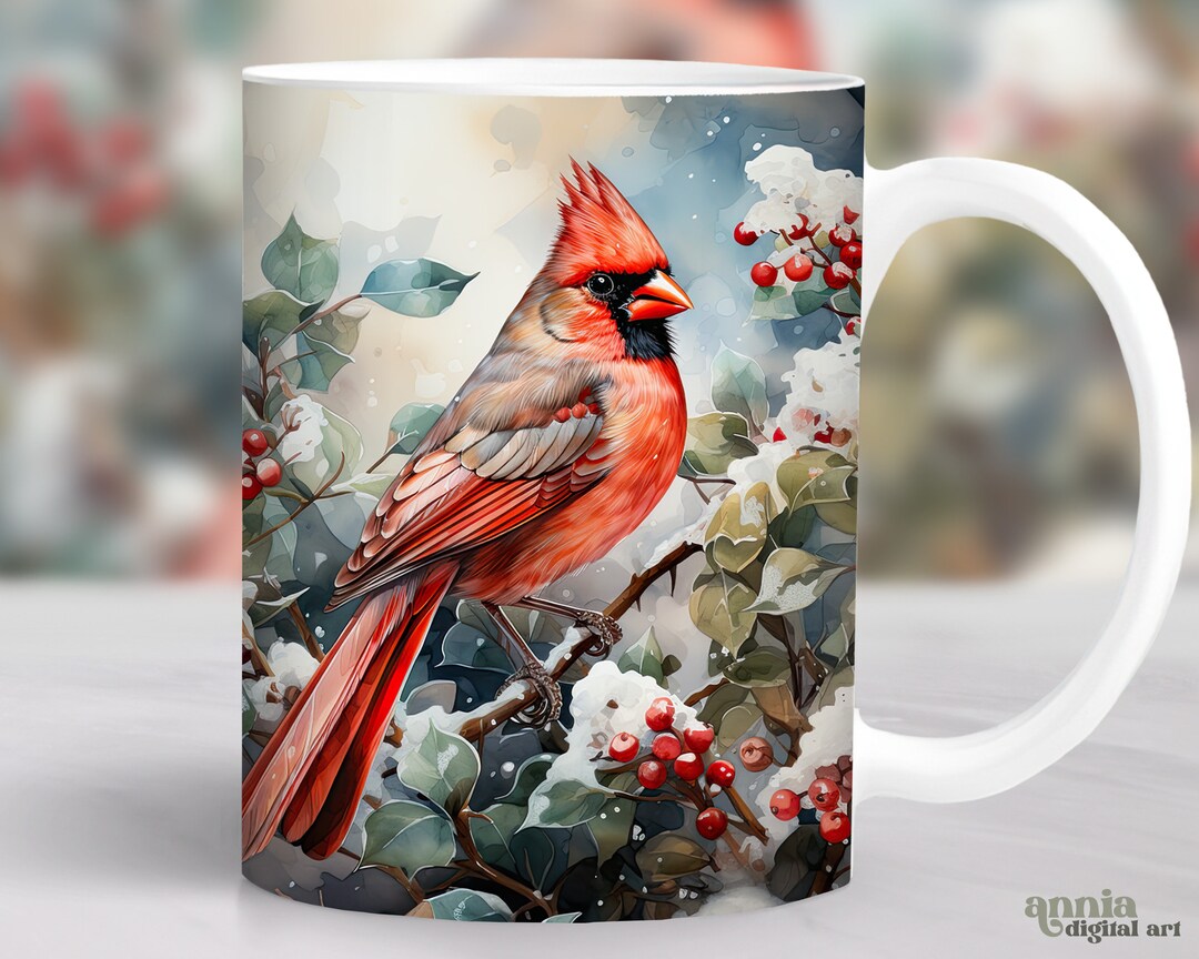 Red Cardinal Bird Christmas Mug Wrap, Winter Cardinal Mug Sublimation ...