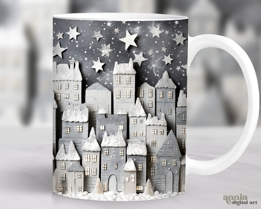 3D Christmas Village Mug Wrap, Snowy Town Mug Sublimation Design ...