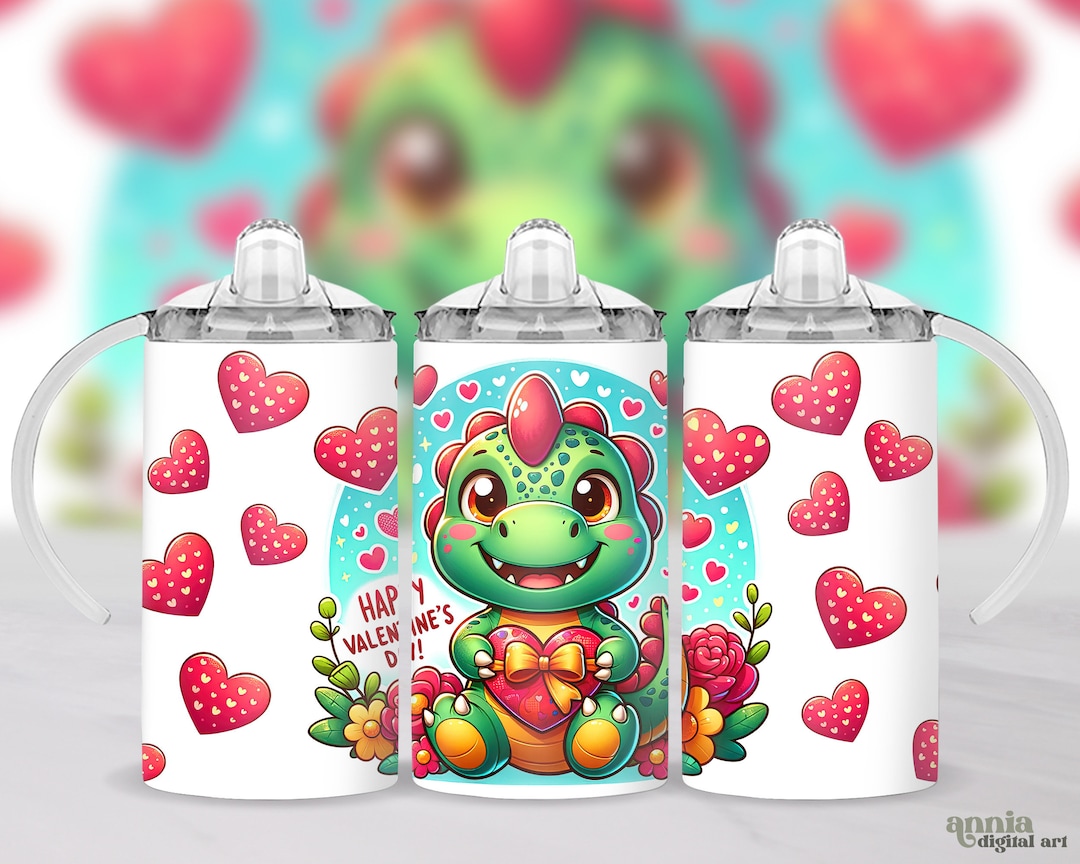 Valentine Dinosaur Sippy Cup Tumbler Wrap, Happy Valentine's Day Hearts ...