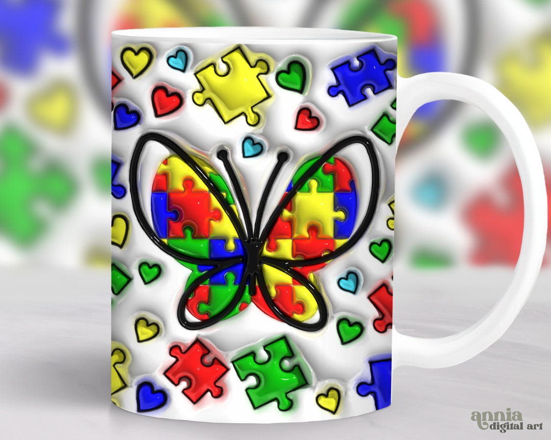 3D Autism Butterfly Mug Wrap Inflated, Autism Awareness Mug Sublimation ...