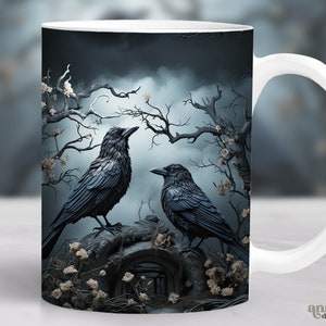 Crows Halloween Mug Wrap, Gothic Black Ravens Mug Sublimation Design ...