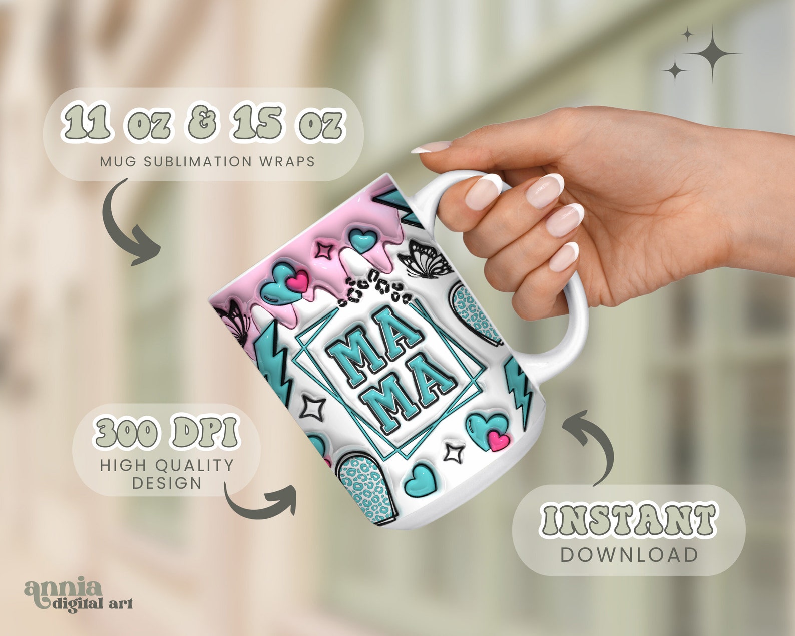 3D Mama Mug Wrap Inflated, Retro Mom Life Mug Sublimation Design, Blue ...