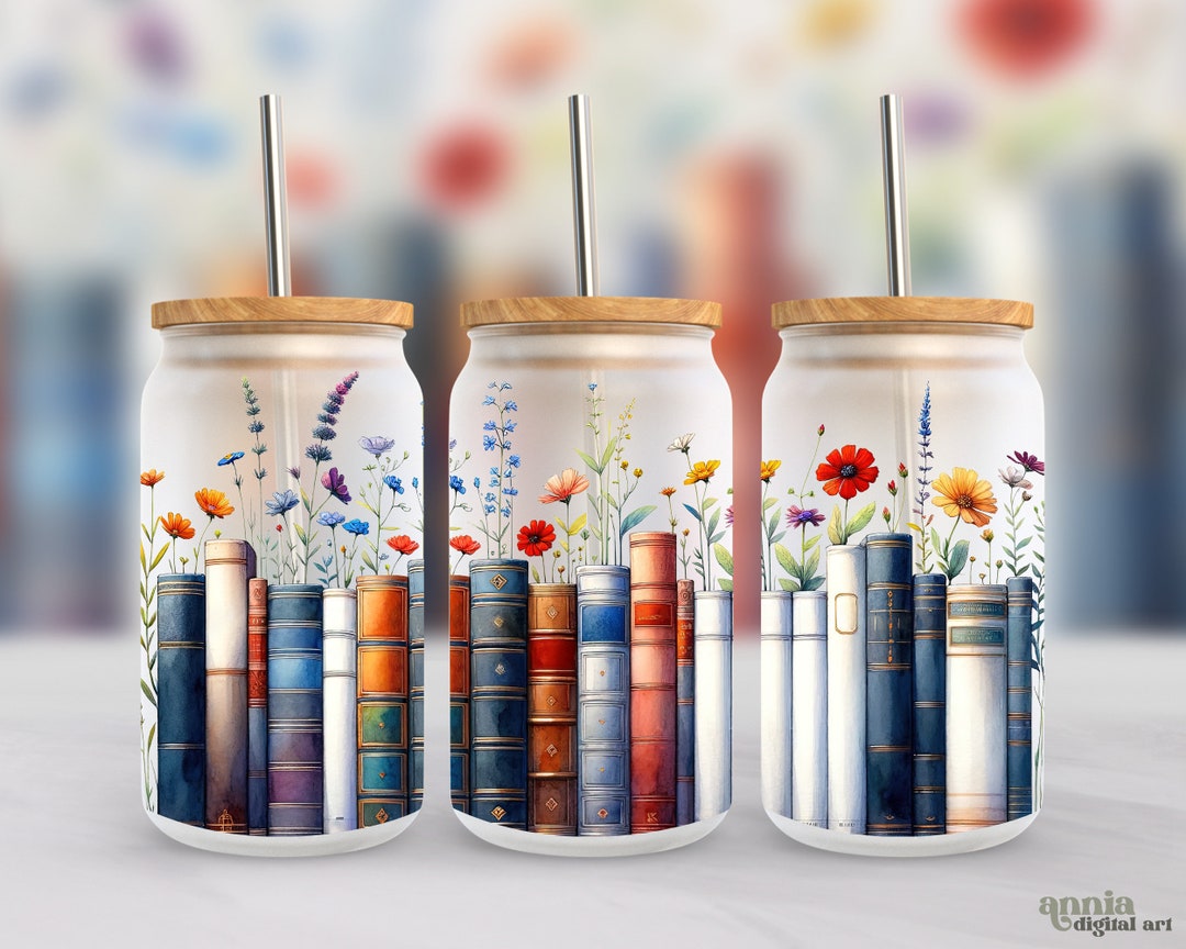 Watercolor Books 16oz Wrap PNG, Wildflowers Reading Frosted Glass ...