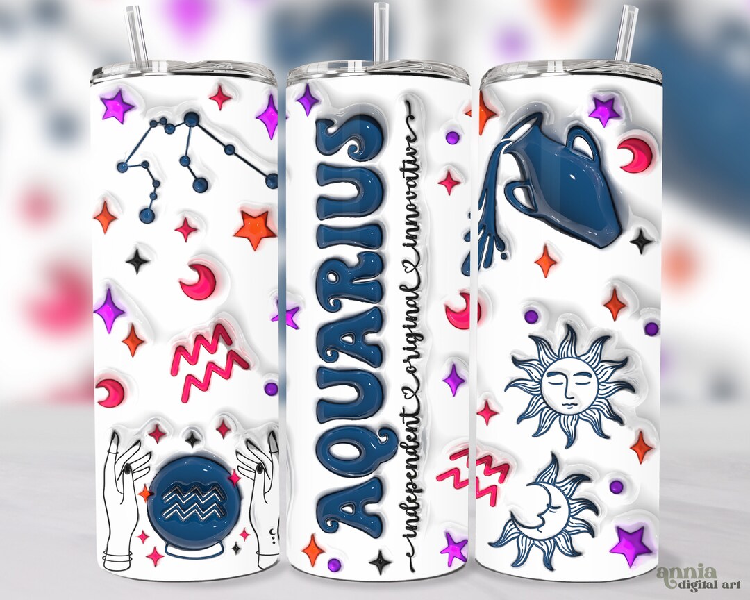 3D Aquarius Tumbler Wrap Inflated, Seamless Zodiac Sign 20oz Tumbler ...