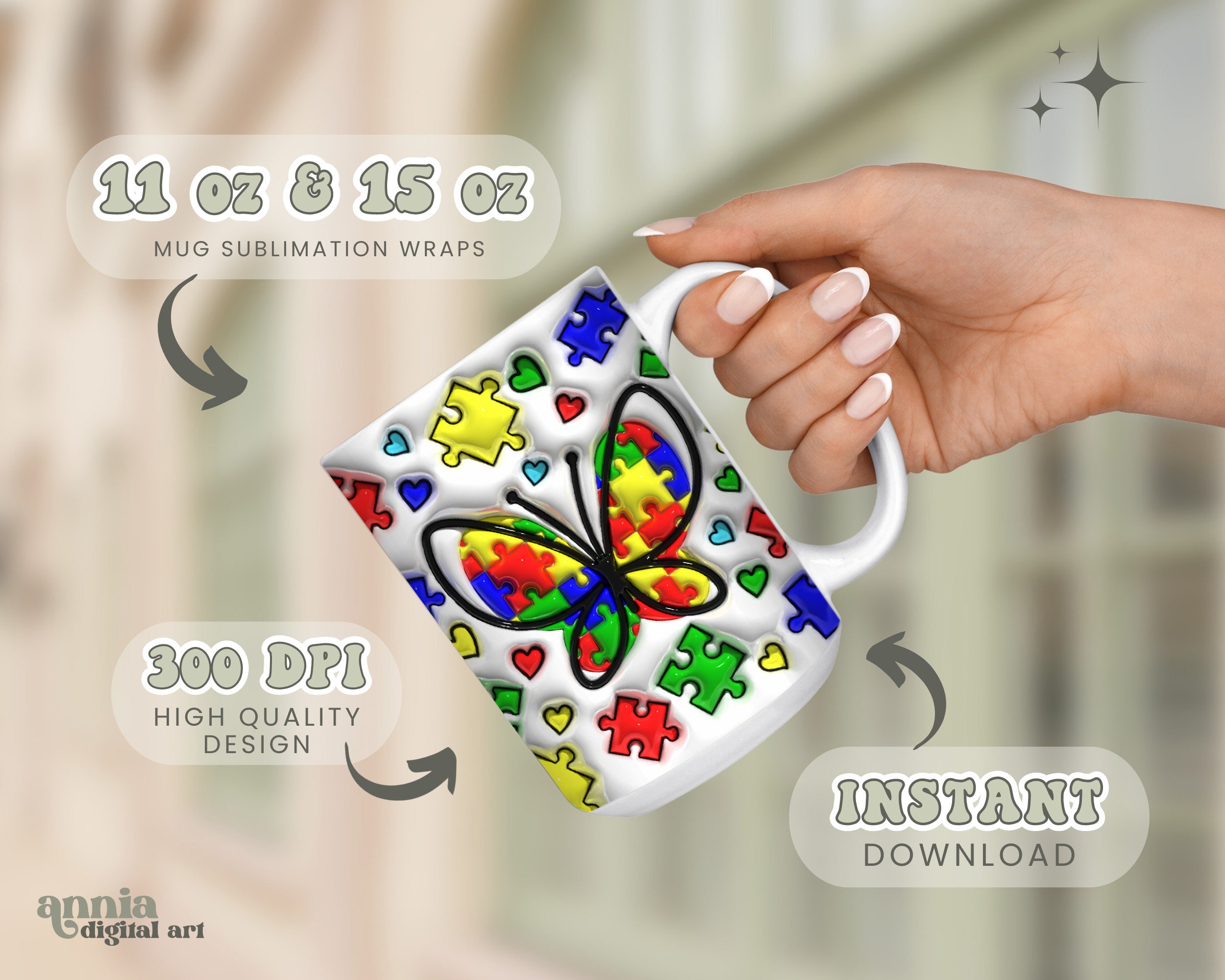 3D Autism Butterfly Mug Wrap Inflated, Autism Awareness Mug Sublimation ...