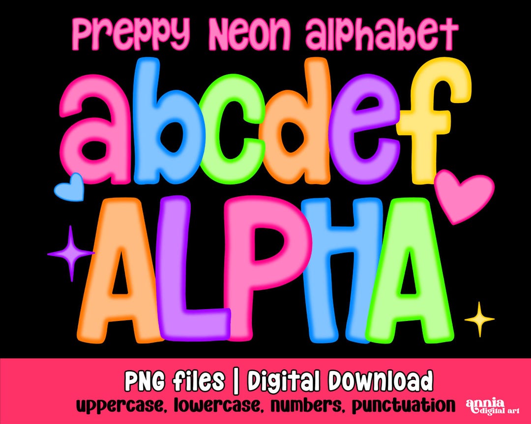 Neon Preppy Doodle Alphabet PNG, Bright Doodle Alpha Letters and ...