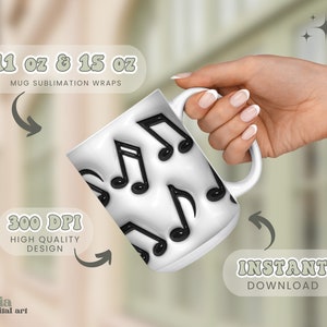 3D Music Notes Mug Wrap, Musical Notes Inflated Puffy Mug Sublimation ...