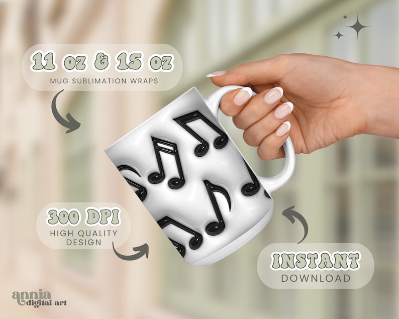 3D Music Notes Mug Wrap, Musical Notes Inflated Puffy Mug Sublimation ...