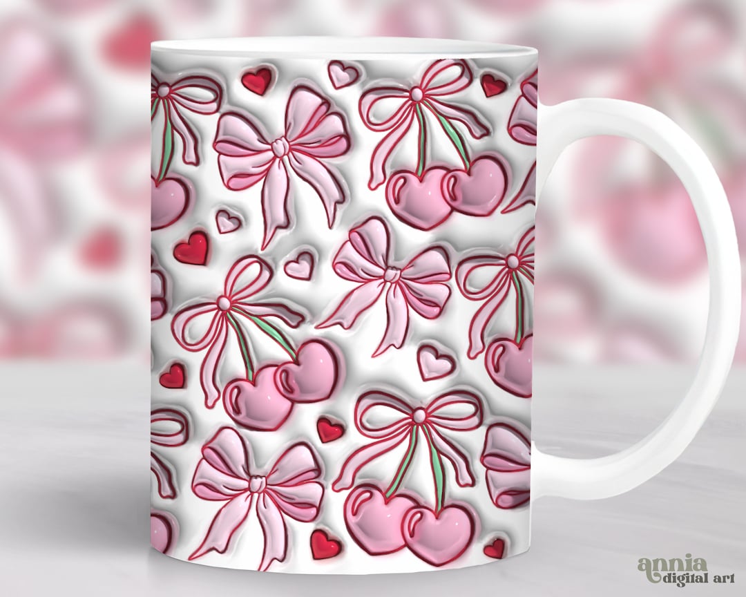 3D Inflated Cherry Bows Mug Wrap, Pink Coquette Ribbons Mug Sublimation ...