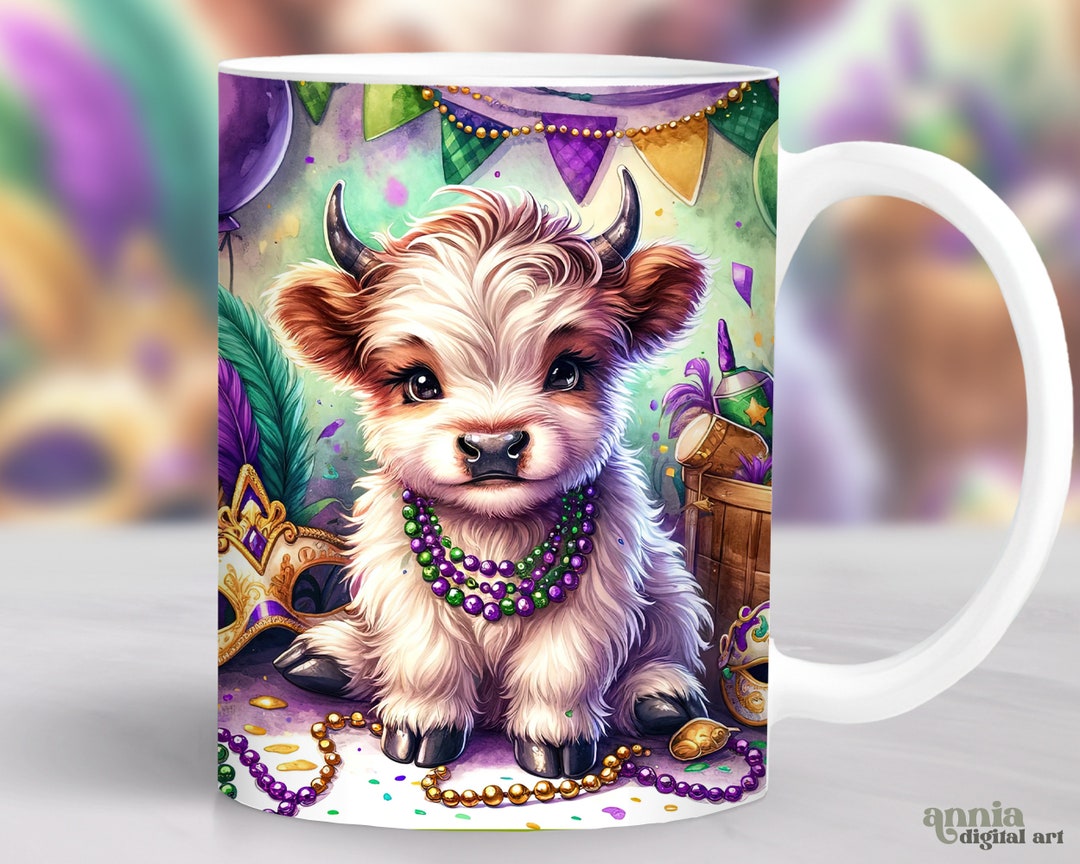 Baby Highland Cow Mardi Gras Mug Wrap, Louisiana Parade Mug Sublimation ...