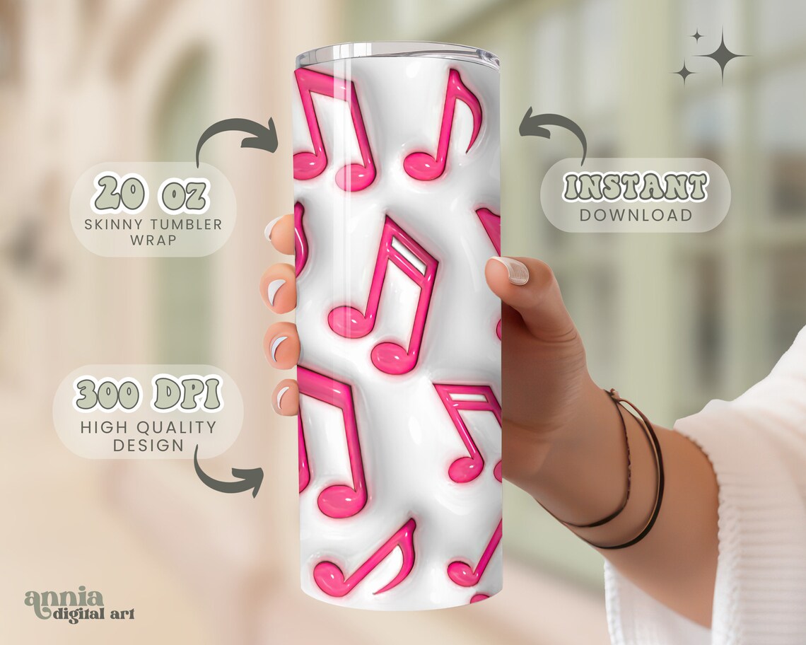 3D Pink Music Notes Tumbler Wrap, Music Notes Inflated Puffy 20oz ...