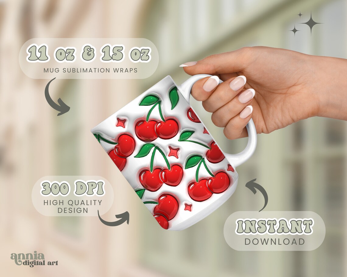 3D Inflated Cherries Mug Wrap, Cherry Mug Sublimation Design, Puffy ...