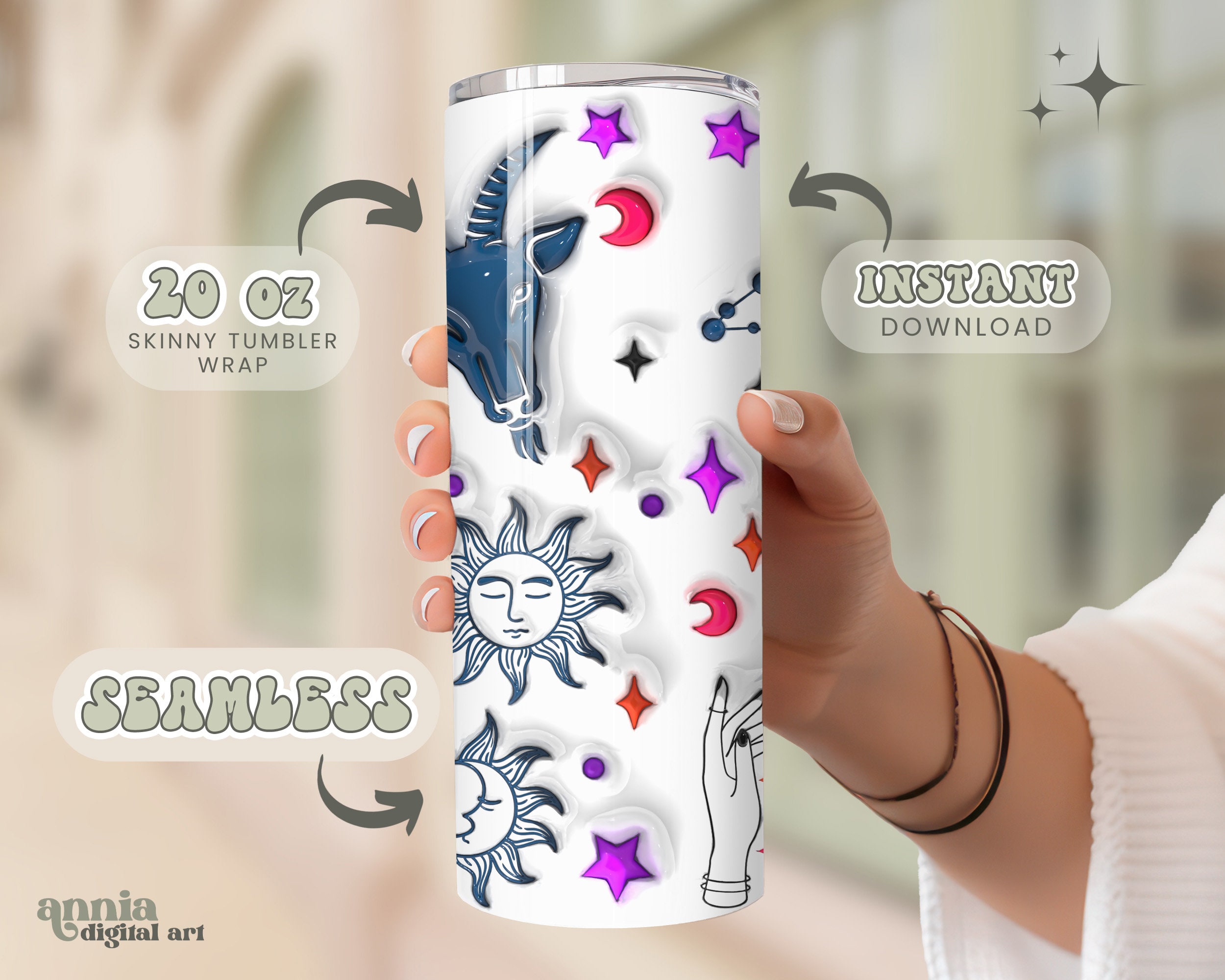 3D Capricorn Tumbler Wrap Inflated, Seamless Zodiac Sign 20oz Tumbler ...