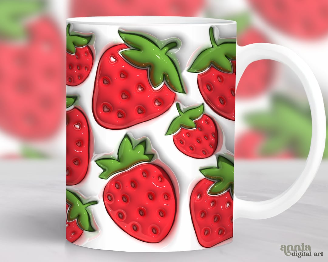 3D Inflated Strawberry Mug Wrap, Strawberries Mug Sublimation Design ...