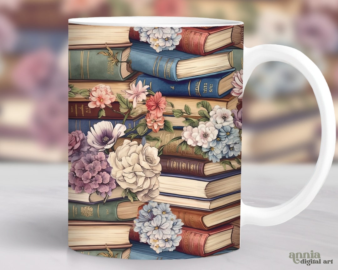 Flowers Book Mug Wrap, Watercolor Reading Mug Sublimation Design ...