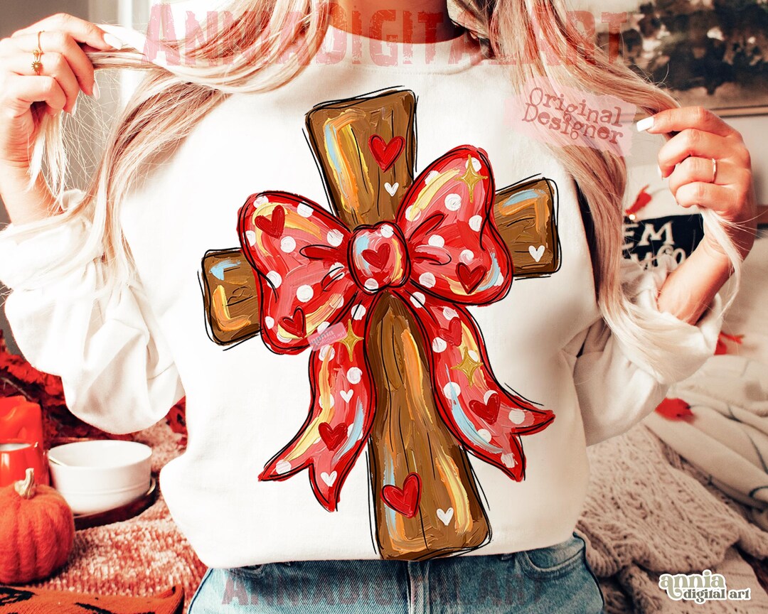 Christian Valentine Cross PNG, Preppy Coquette Bow Valentine's Day ...