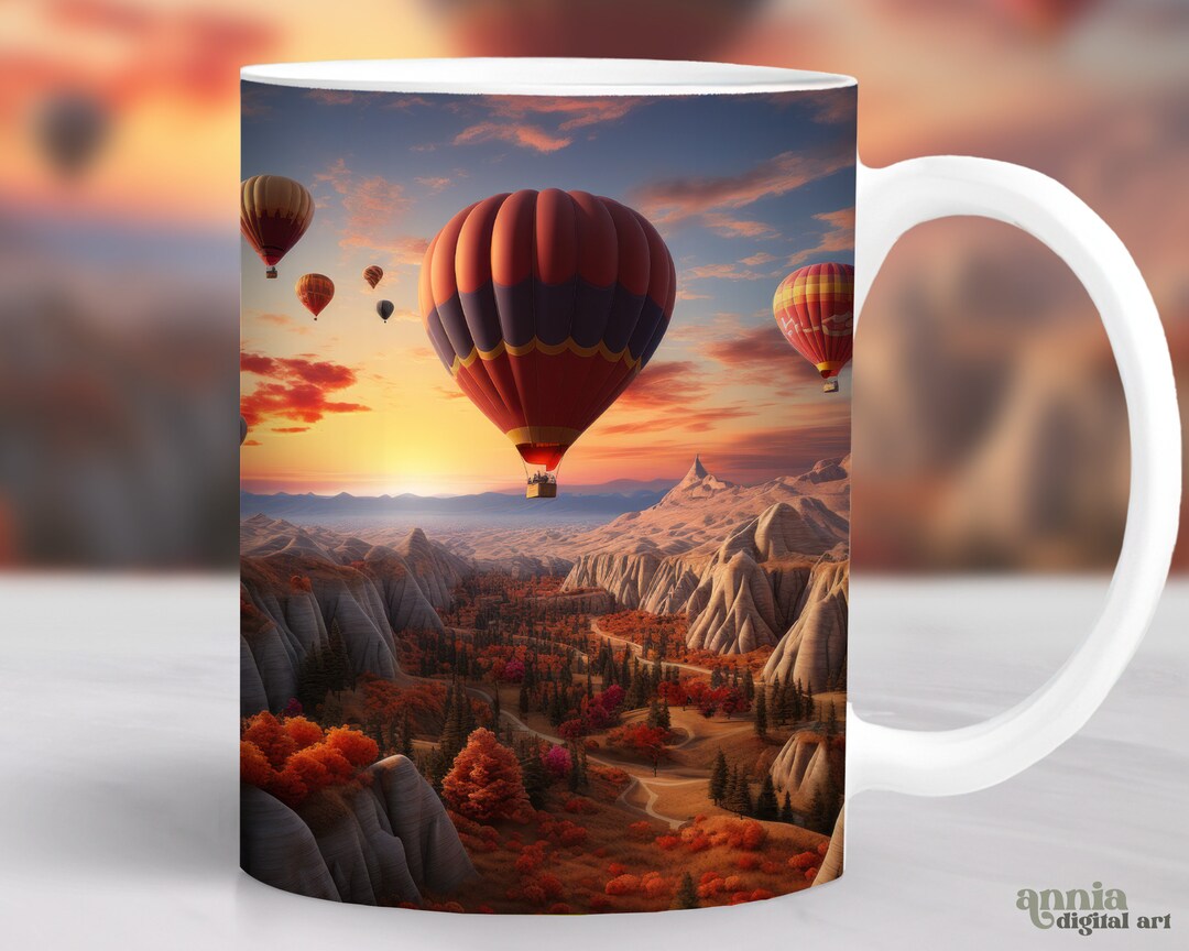 Hot Air Balloons Mug Wrap, Fall Landscape Mug Sublimation Design, 11oz ...