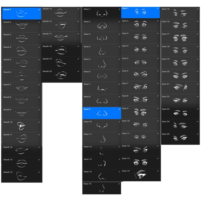 Eyes, Noses and Mouths for Cartoon Style Portrait, Procreate. Eyes ...