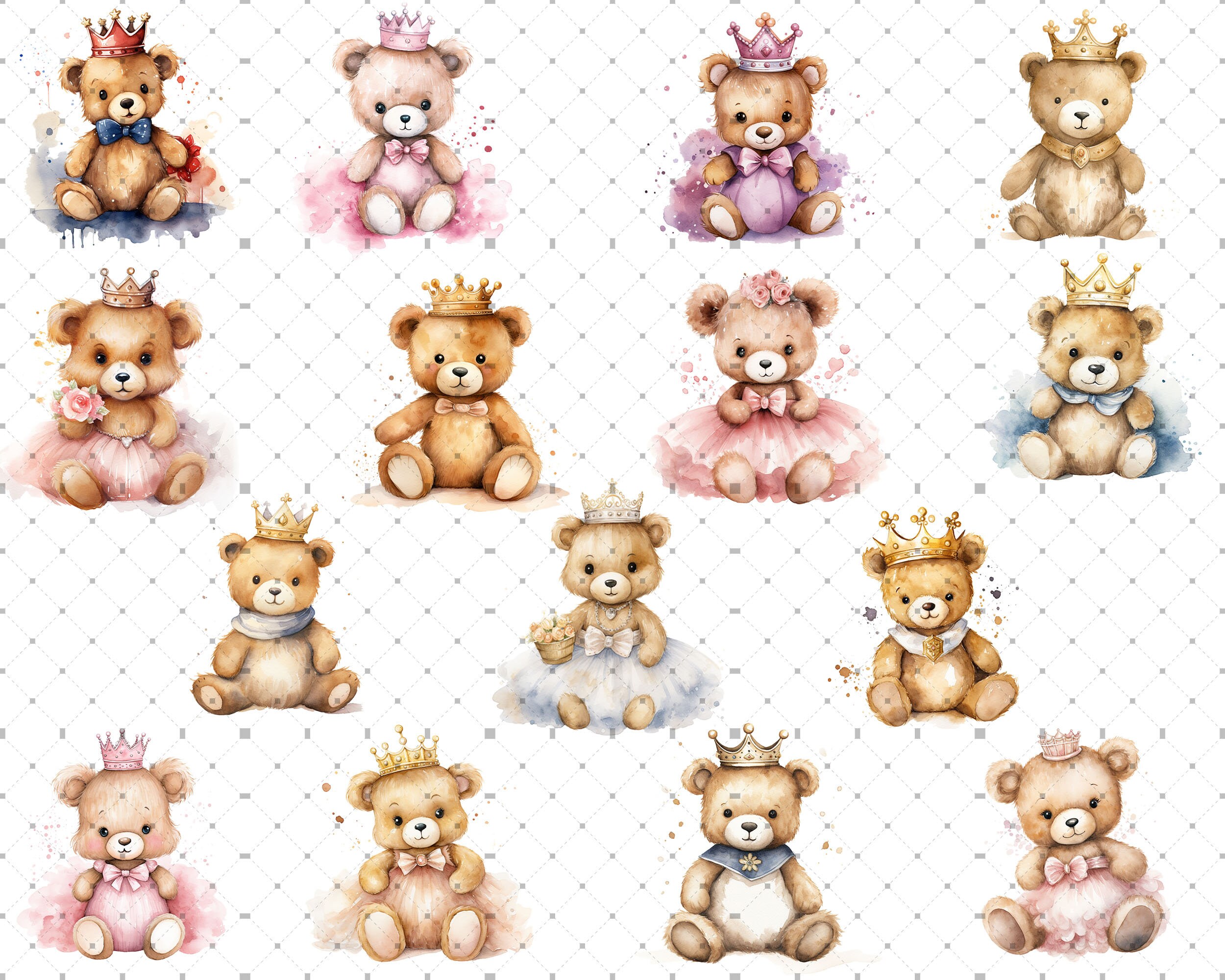 Watercolor Teddy Bear JPG Princess Teddy Bear Prince Teddy Bear ...