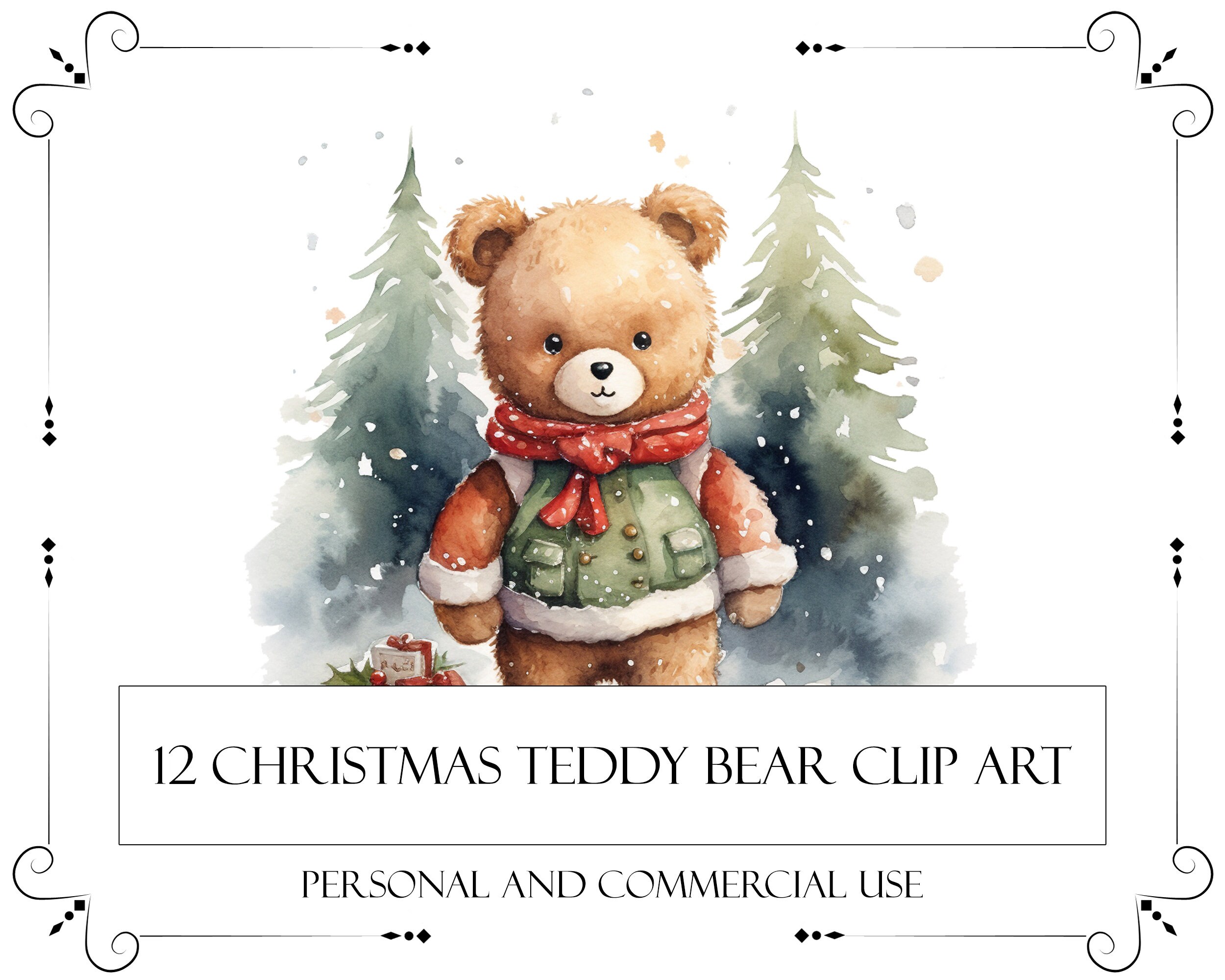 Christmas Teddy Bear Clipart Winter Watercolor Digital Planner - Etsy