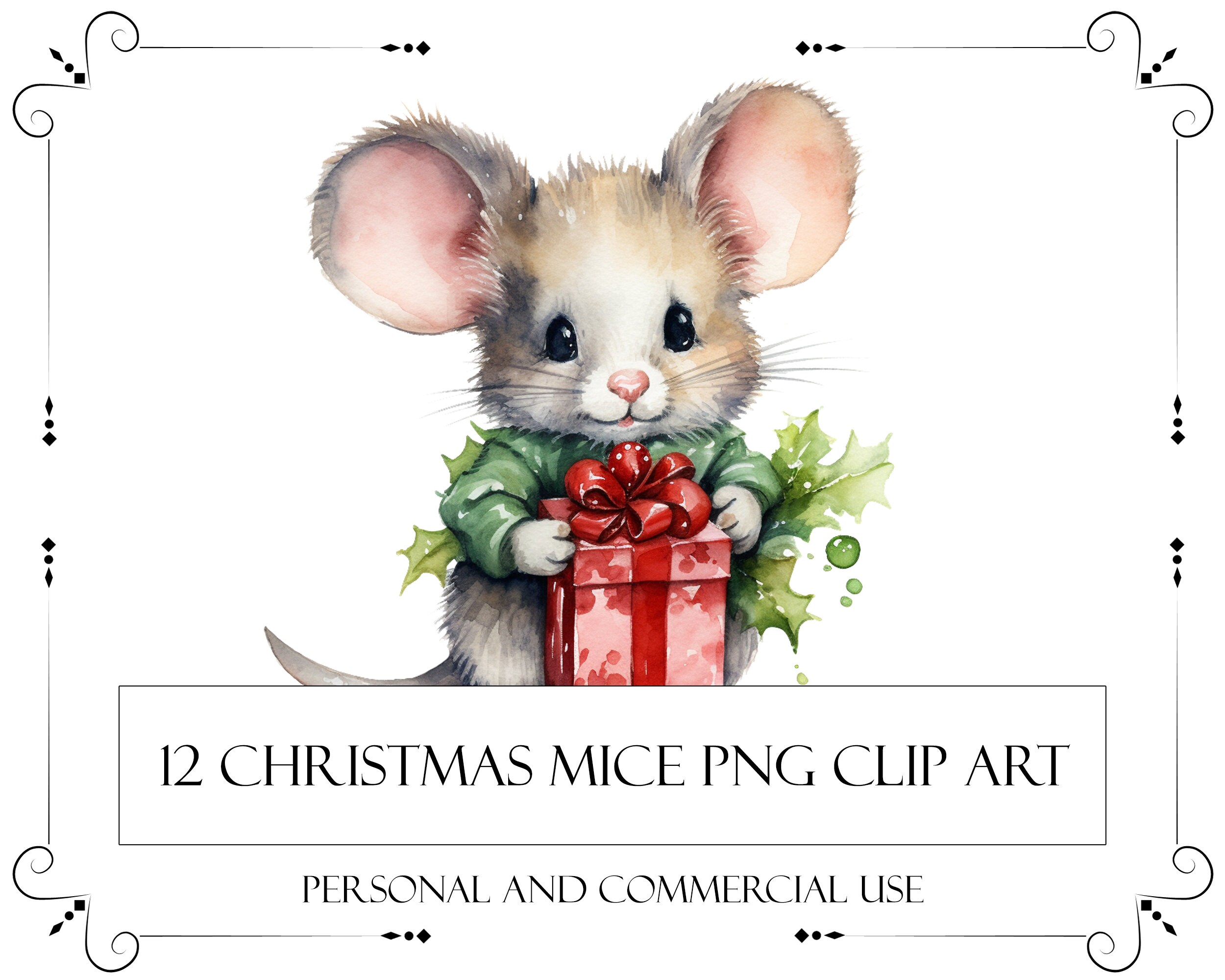 Christmas Mouse Clipart PNG Cute Christmas Mouse Watercolor - Etsy