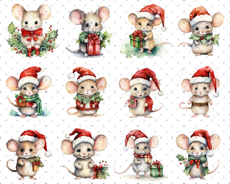 Christmas Mouse Clipart PNG Cute Christmas Mouse Watercolor - Etsy