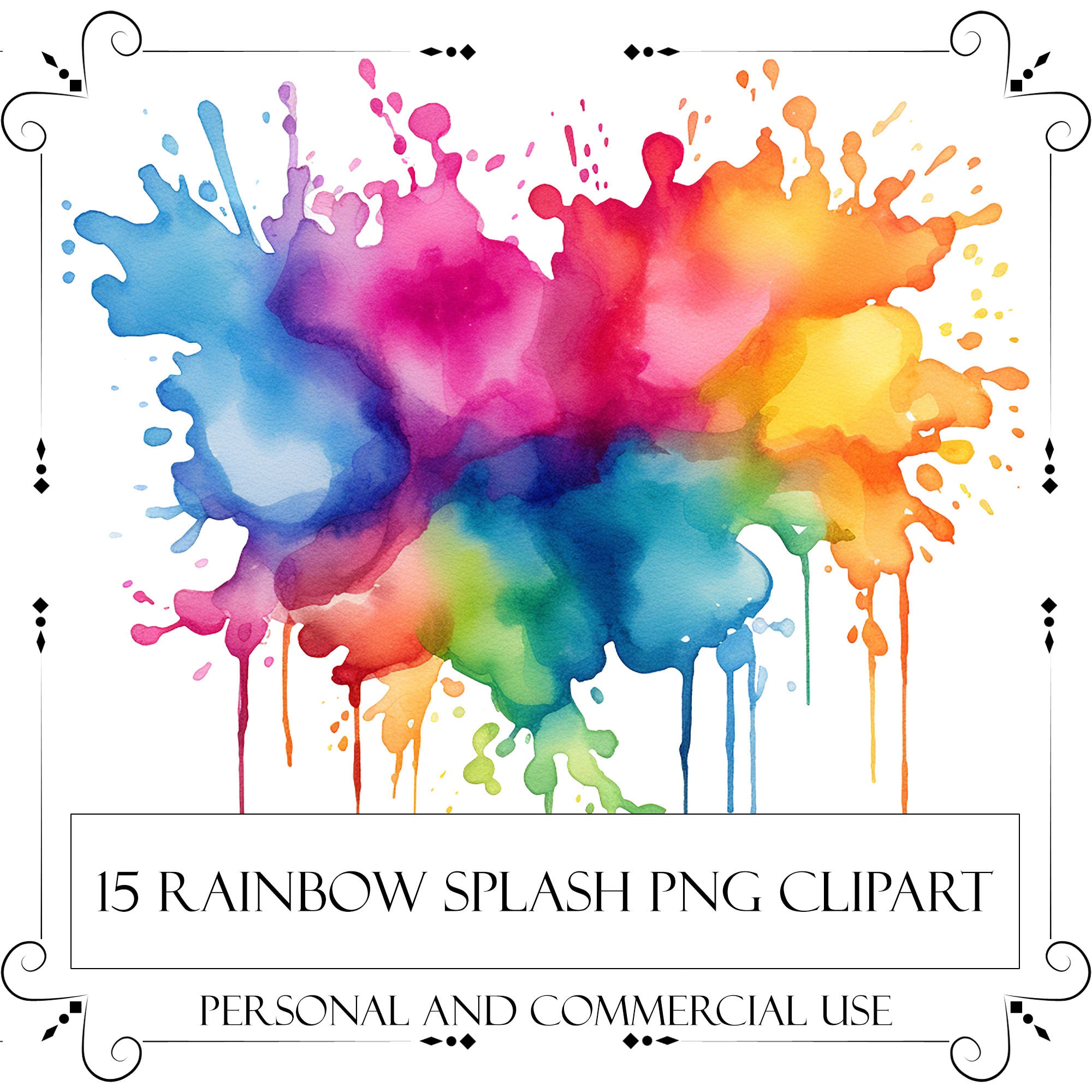 Watercolor Color Splash Clipart PNG Rainbow Splatter Clipart Commercial ...