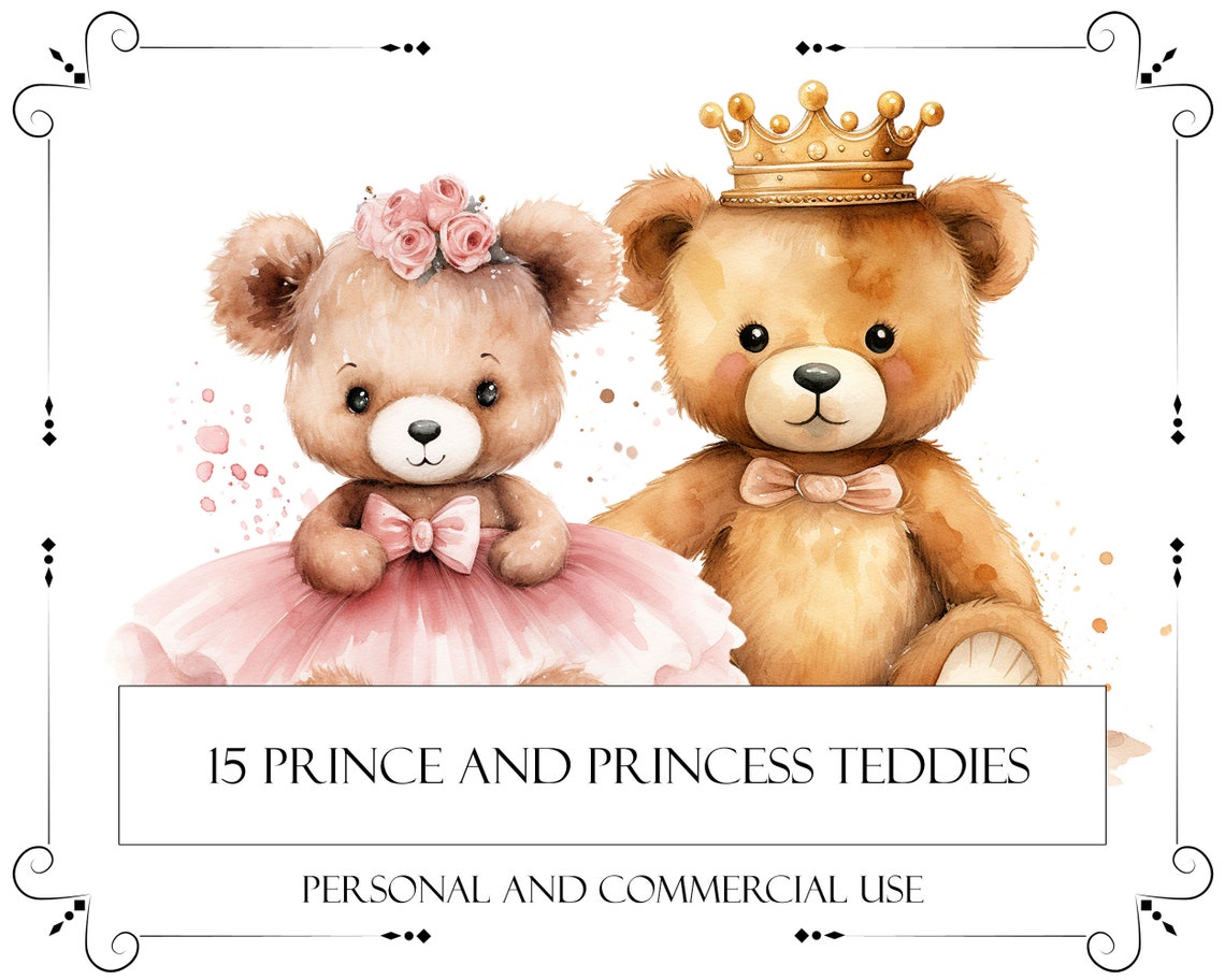 Watercolor Teddy Bear JPG Princess Teddy Bear Prince Teddy Bear ...